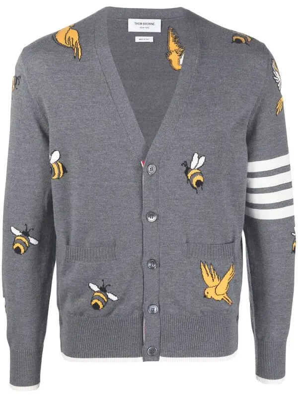 Thom Browne 4-bar Stripe Intarsia Cardigan - Grey