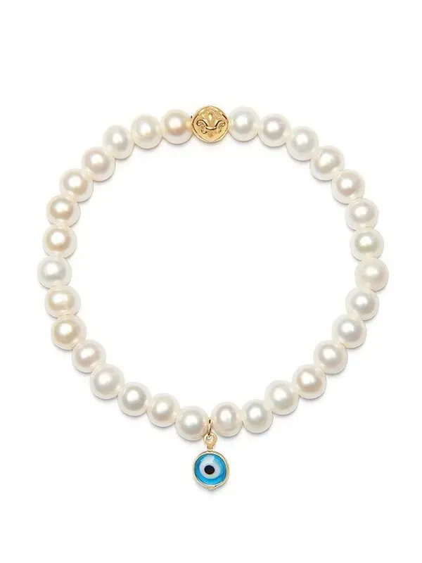 NIALAYA JEWELRY Evil Eye Charm Pearl Bracelet - Blue