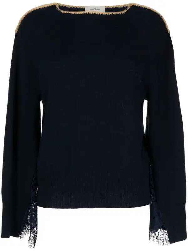 ONEFIFTEEN Floral-lace Detail Wool Sweatshirt - Blue