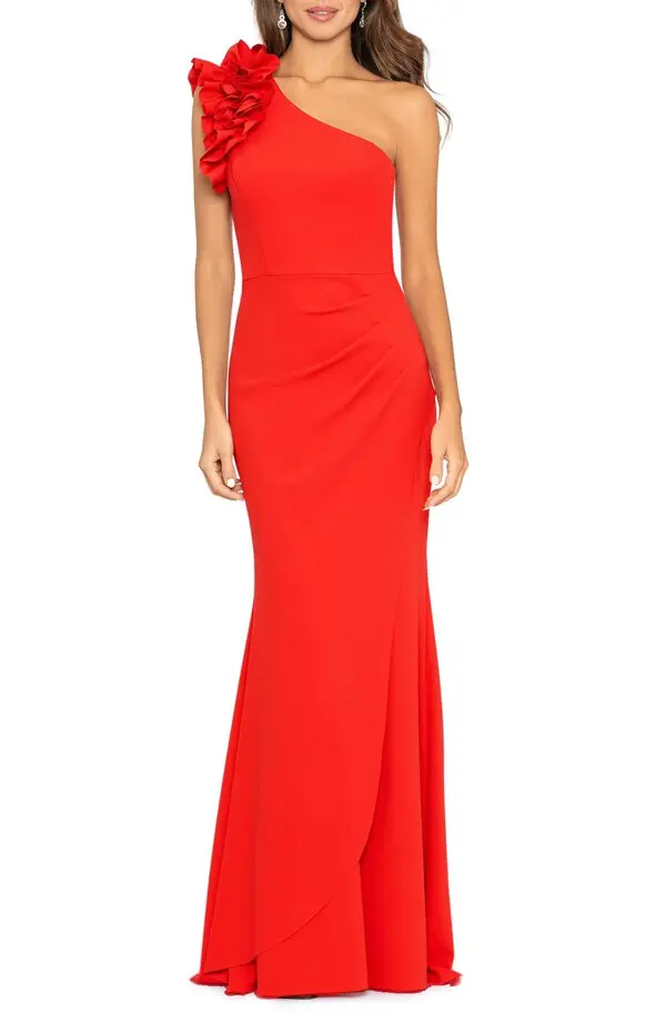 XSCAPE EVENINGS Ruffle One-shoulder Scuba Crepe Gown