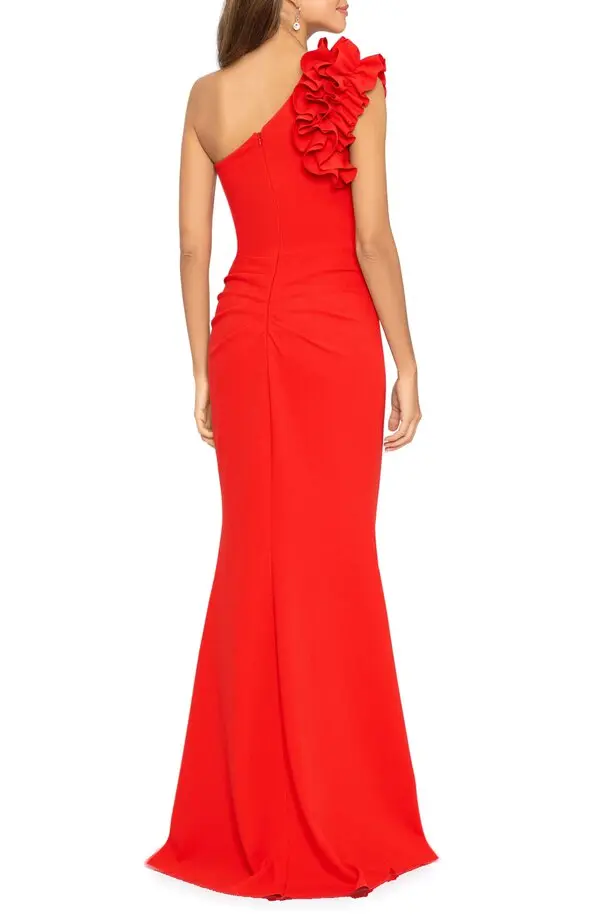 XSCAPE EVENINGS Ruffle One-shoulder Scuba Crepe Gown