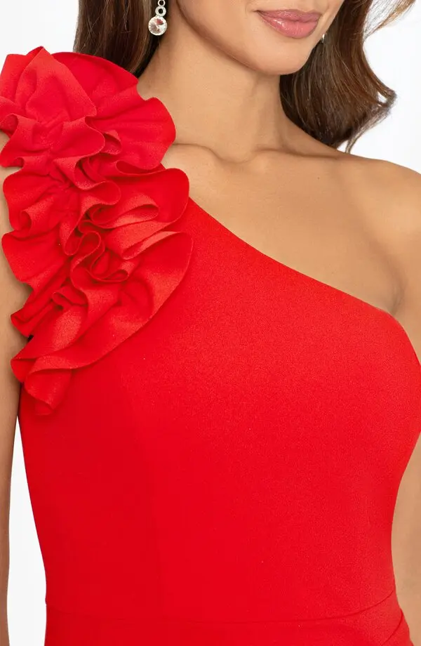 XSCAPE EVENINGS Ruffle One-shoulder Scuba Crepe Gown
