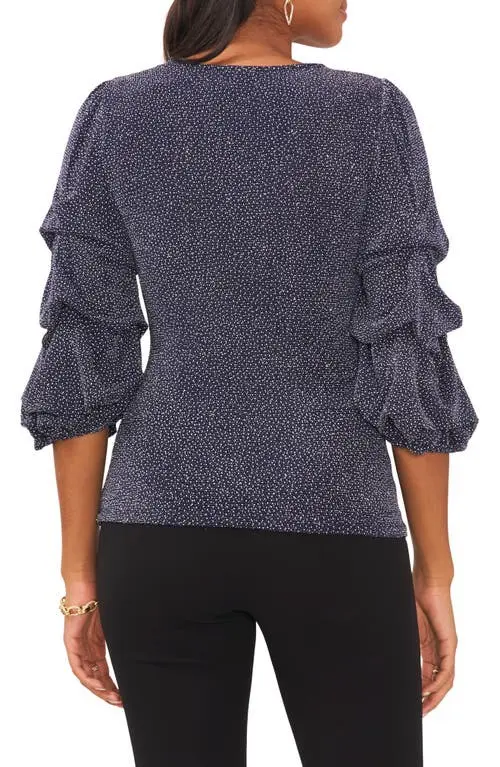 Chaus Surplice V-neck Lantern Sleeve Blouse - Navy/silver 468