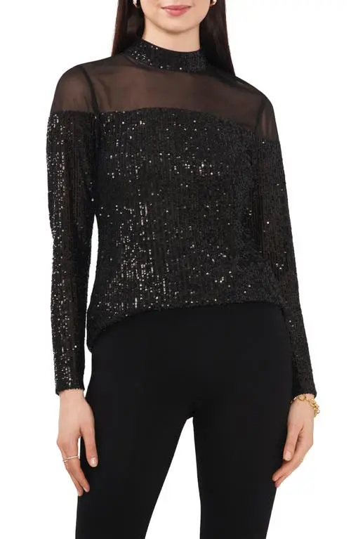 Chaus Sequin Mock Neck Long Sleeve Top - Black