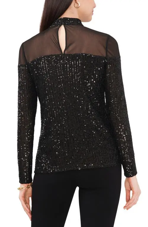 Chaus Sequin Mock Neck Long Sleeve Top - Black