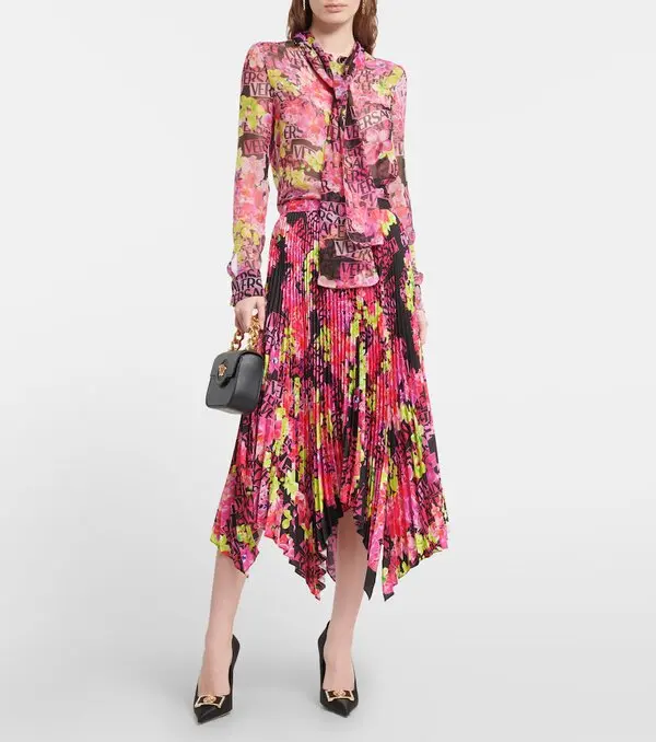 Versace Logo Orchid Pleated Midi Skirt