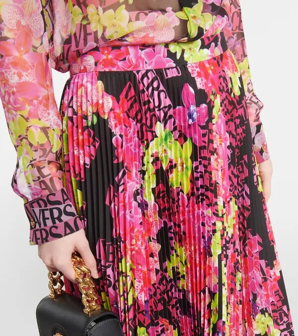 Versace Logo Orchid Pleated Midi Skirt
