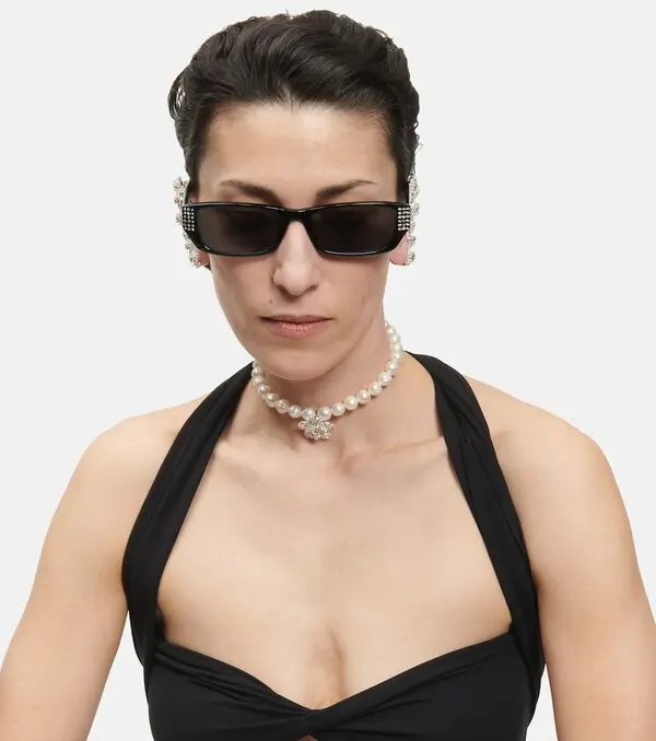 Magda Butrym X Linda Farrow Embellished Rectangular Sunglasses - Black
