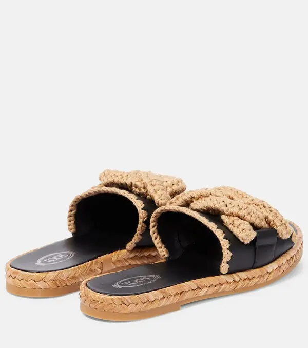 TOD'S Black Calf Leather And Jute Slides - Neutrals