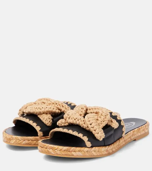 TOD'S Black Calf Leather And Jute Slides - Neutrals