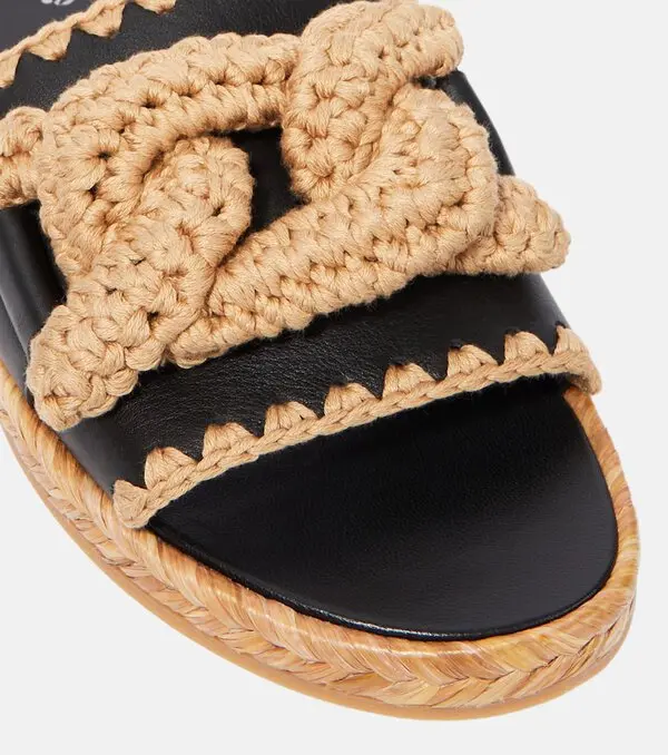TOD'S Black Calf Leather And Jute Slides - Neutrals