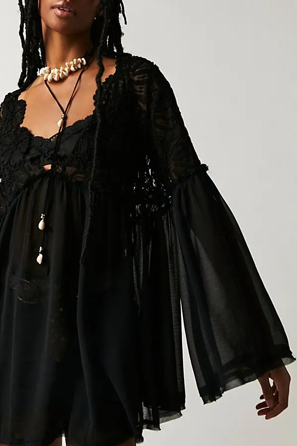 free people black crochet dress Free People Black Crochet Bell Sleeve Mini Dress
