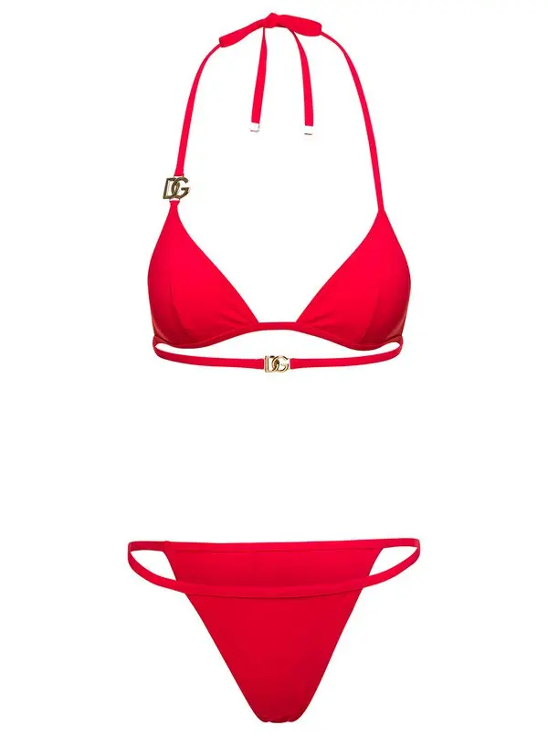 Dolce & Gabbana Triangle Bikini With Dg Logo In Stretch Polyamide