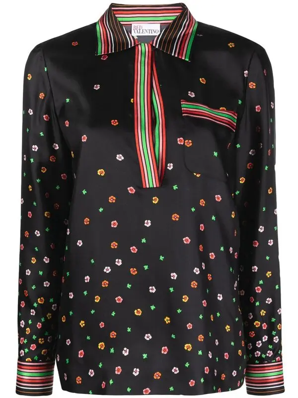 Red Valentino Floral-print Silk Blouse - Black
