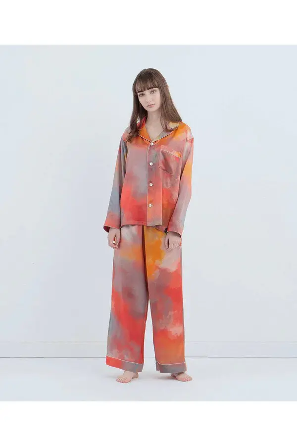 FOO TOKYO Watercolor Silk Pajamas Evening Glow - Orange