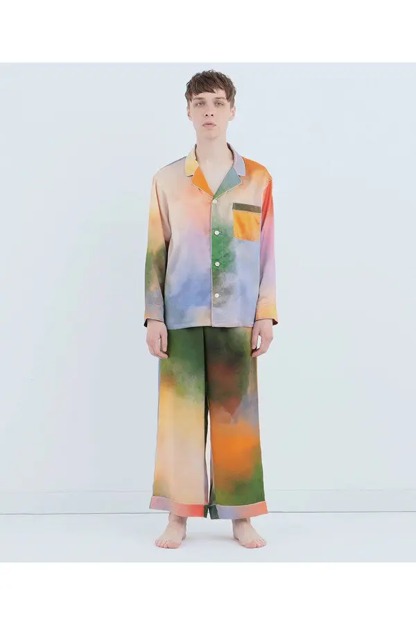 FOO TOKYO Watercolor Silk Pajamas Misty Lakes - Orange