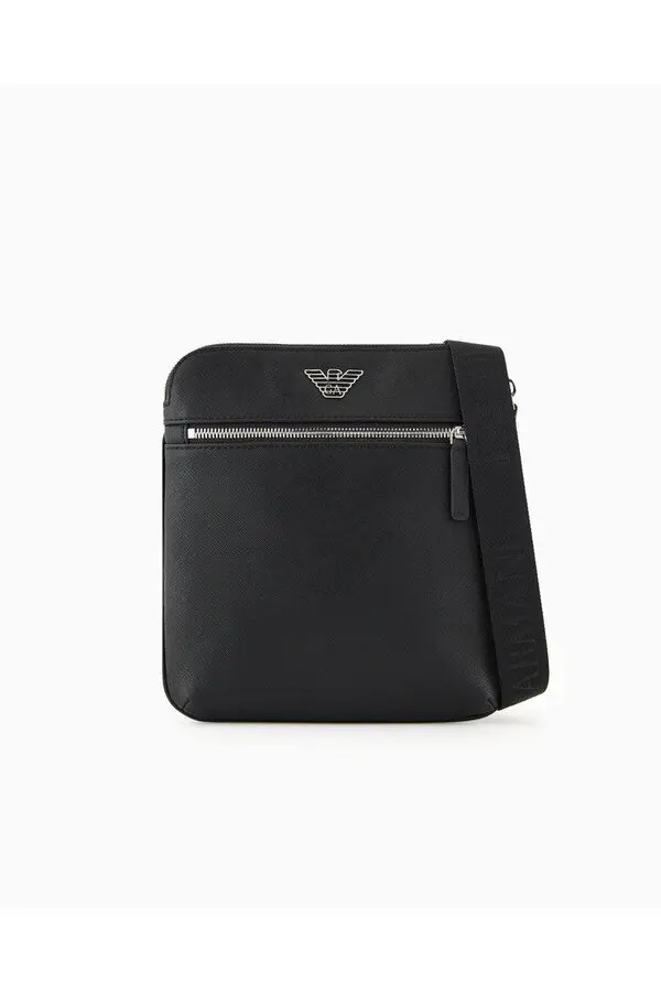 Emporio Armani Asv Regenerated Saffiano Leather Flat Shoulder Bag With Eagle Plate - Black