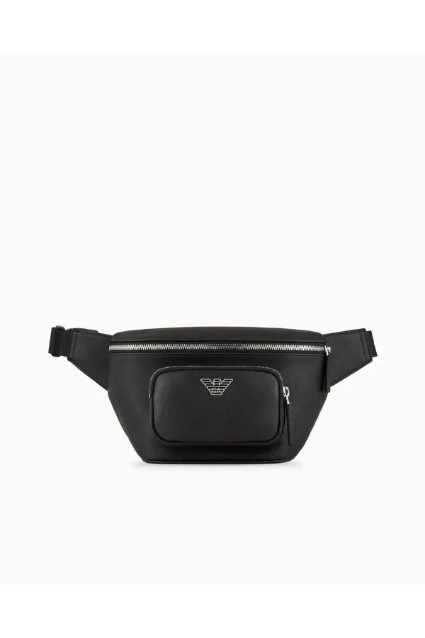 Emporio Armani Asv Regenerated Saffiano Leather Belt Bag With Eagle Plate - Black