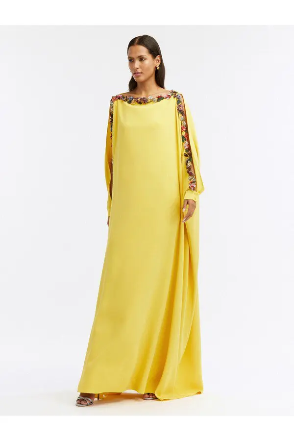 Oscar De La Renta Bateau Neck Crystal Embroidered Caftan