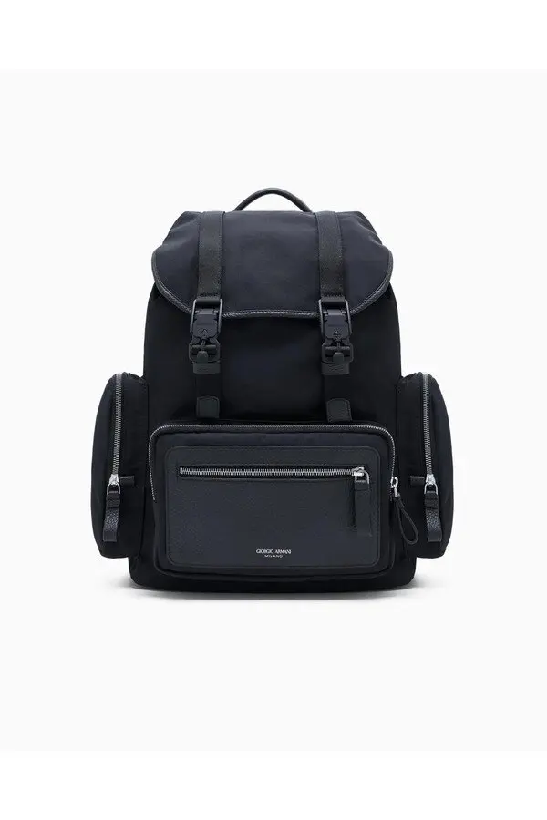 Giorgio Armani Recycled Nylon And Pebbled Leather Backpack - Black