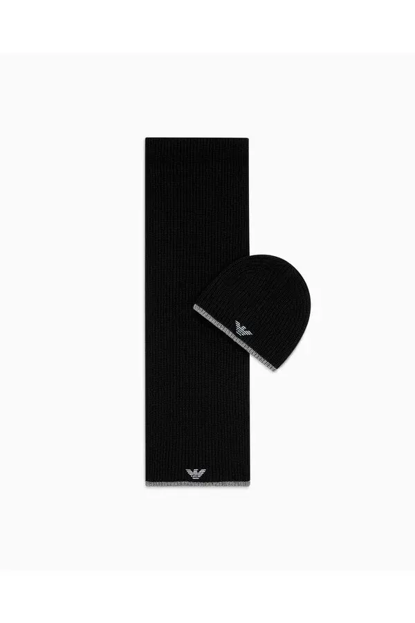 Emporio Armani Hat And Scarf Set With Embroidered Eagle - Black