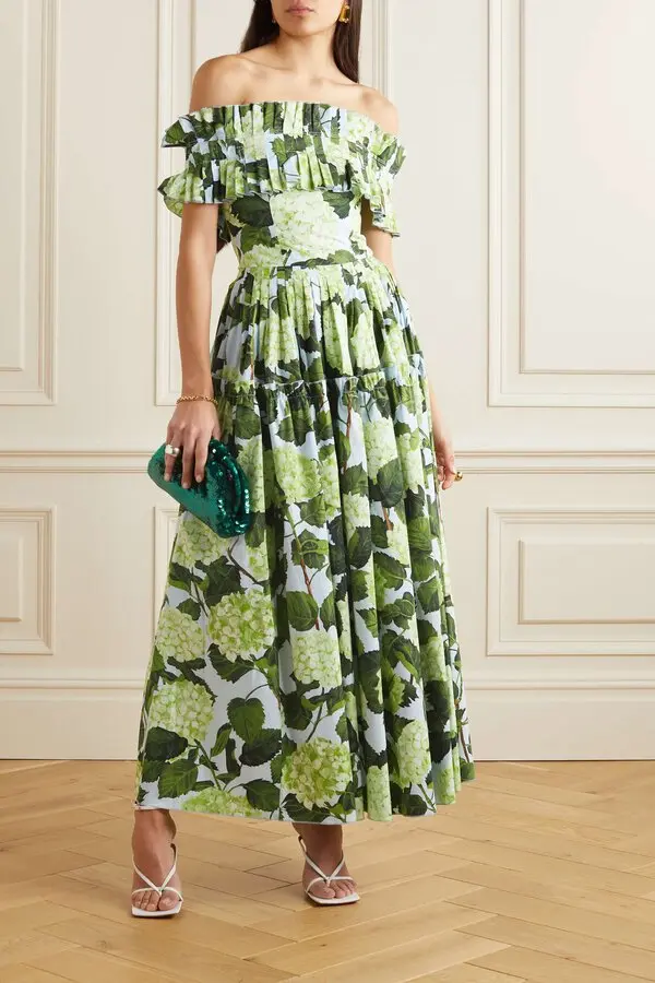 Oscar De La Renta Off-The-Shoulder Ruffled Floral-Print Cotton-Blend Poplin  Maxi Dress - Green | Editorialist