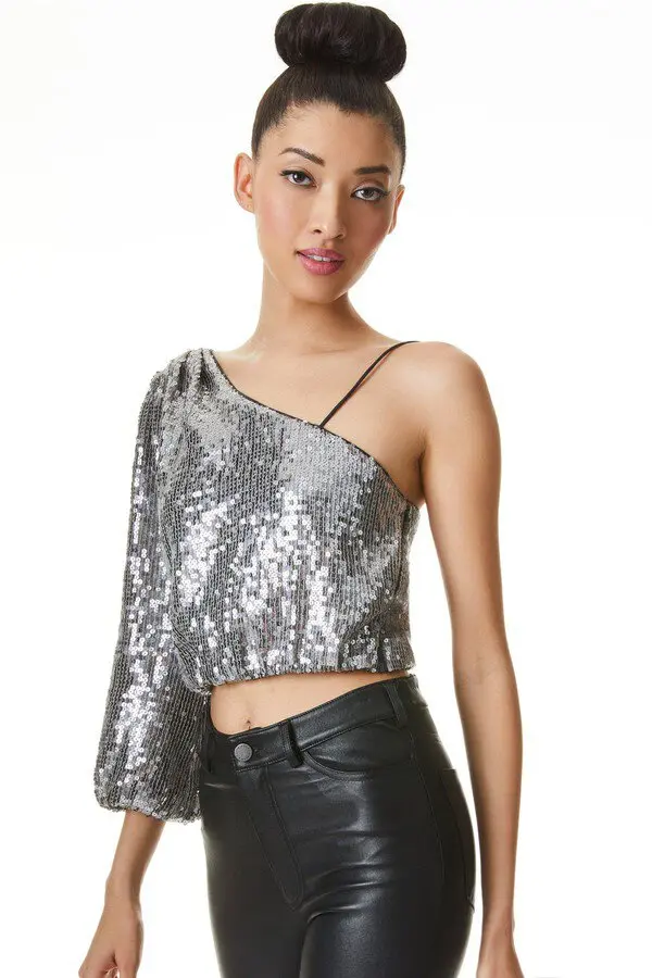 Alice + Olivia Lucinda Sequin Asymmetrical Top