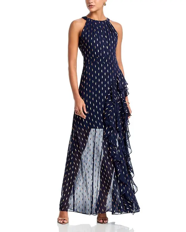 Aqua Metallic Crescent Chiffon Ruffle Gown Exclusive - Navy/copper