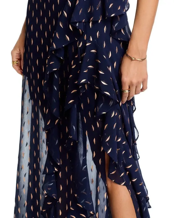 metallic chiffon ruffle dress Erica Pleated Ruffle Metallic Chiffon Maxi Dress, Red  S