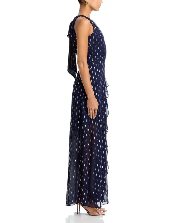 Aqua Metallic Crescent Chiffon Ruffle Gown Exclusive - Navy/copper