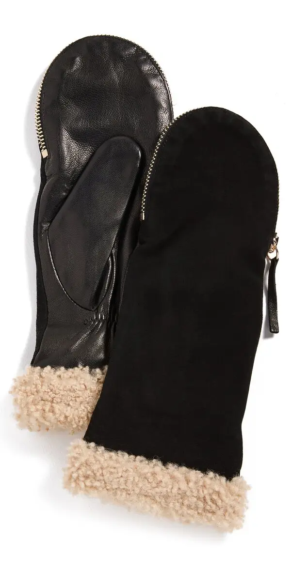 Carolina Amato Shearling Cuff Mittens - Black/natural