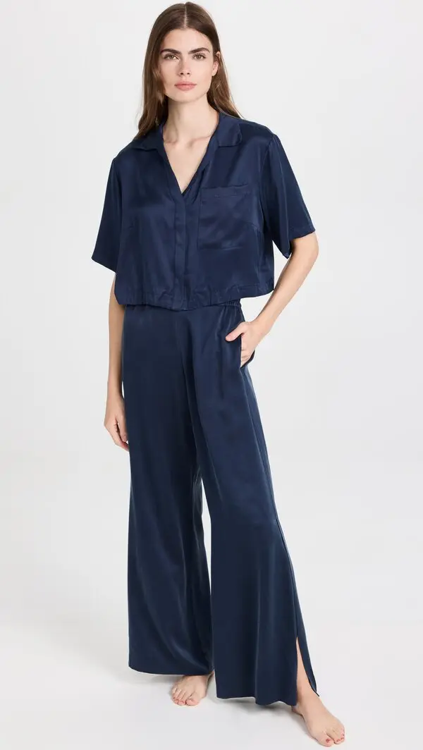 Lunya Washable Silk High Rise Pant Set - Deep Blue