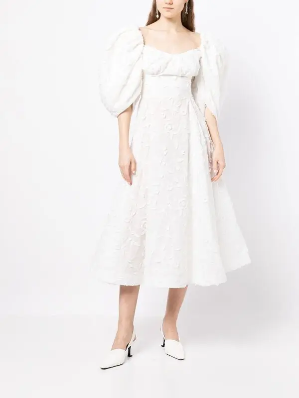 ANOUKI Puff-sleeve Floral-embroidered Midi Dress