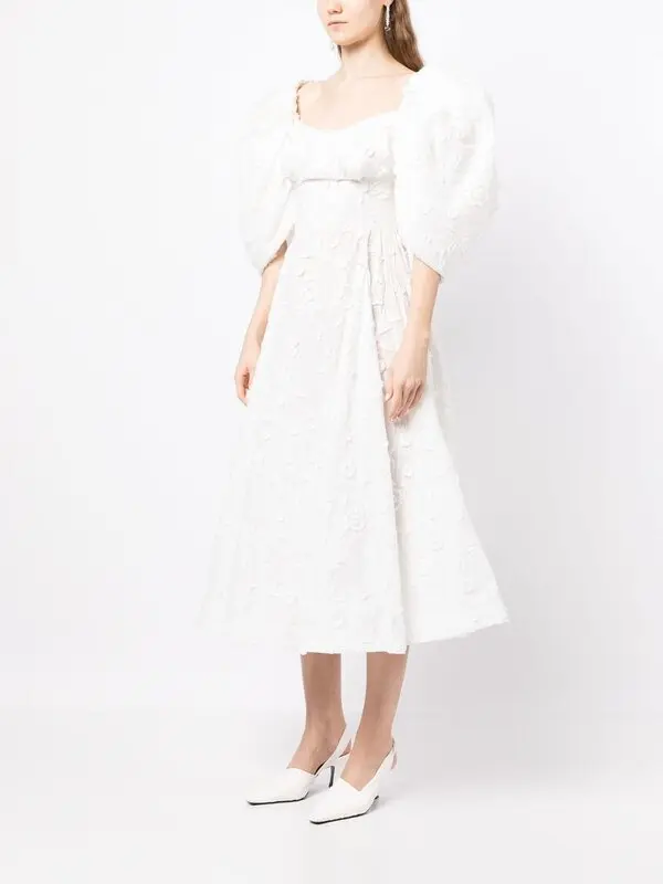 ANOUKI Puff-sleeve Floral-embroidered Midi Dress