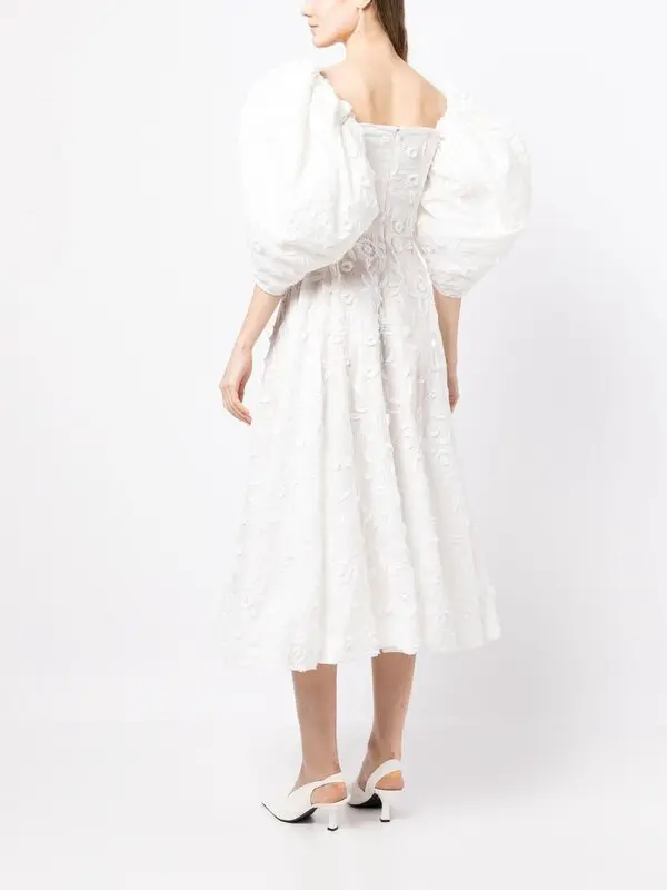 ANOUKI Puff-sleeve Floral-embroidered Midi Dress