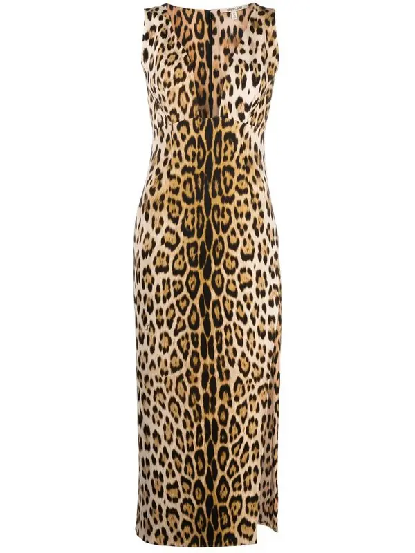 Roberto Cavalli Leopard-print Plunge Midi Dress