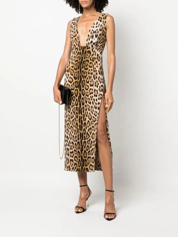 Roberto Cavalli Leopard-print Plunge Midi Dress