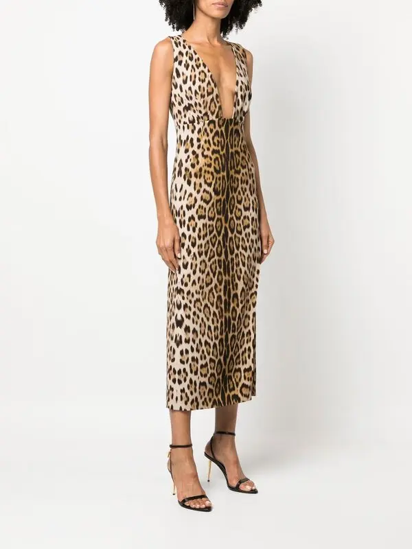 Roberto Cavalli Leopard-print Plunge Midi Dress