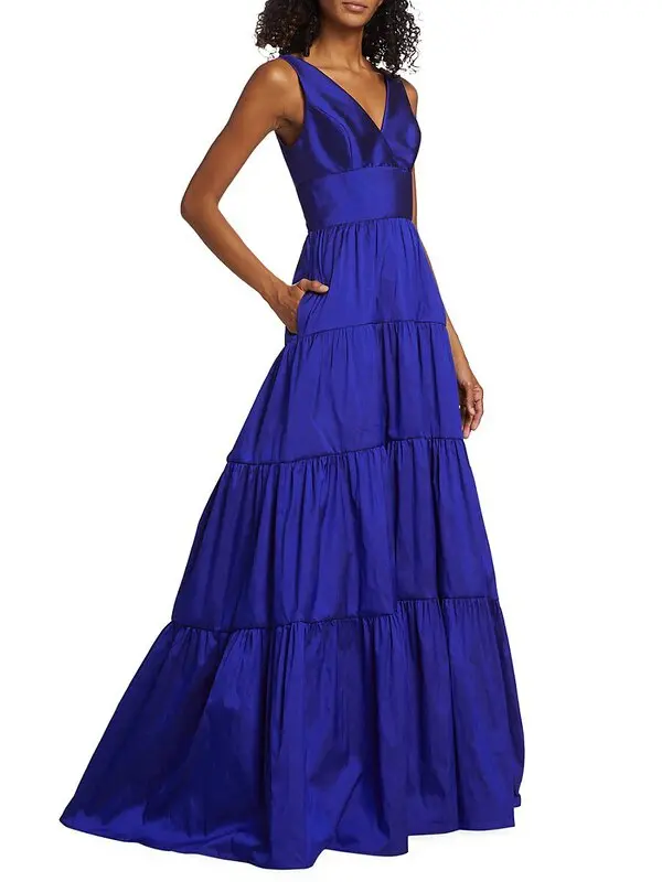 Amsale Taffeta V-neck Tiered Gown