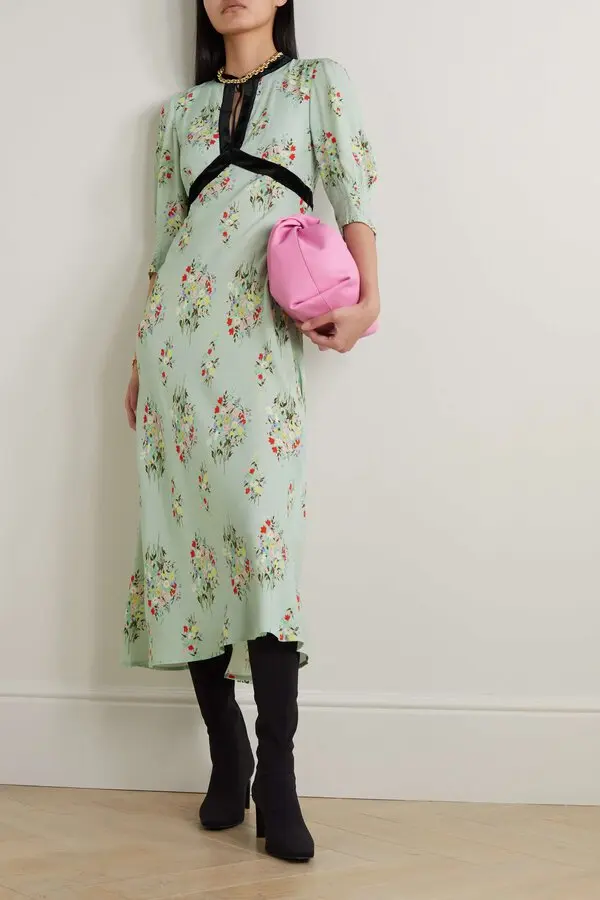 Rixo Petra Velvet-Trimmed Floral-Print Crepe Midi Dress - Mint |  Editorialist
