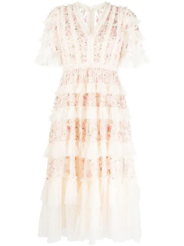 NEEDLE & THREAD Floral-embroidery Tiered Midi Dress