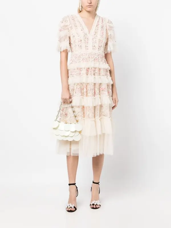 NEEDLE & THREAD Floral-embroidery Tiered Midi Dress