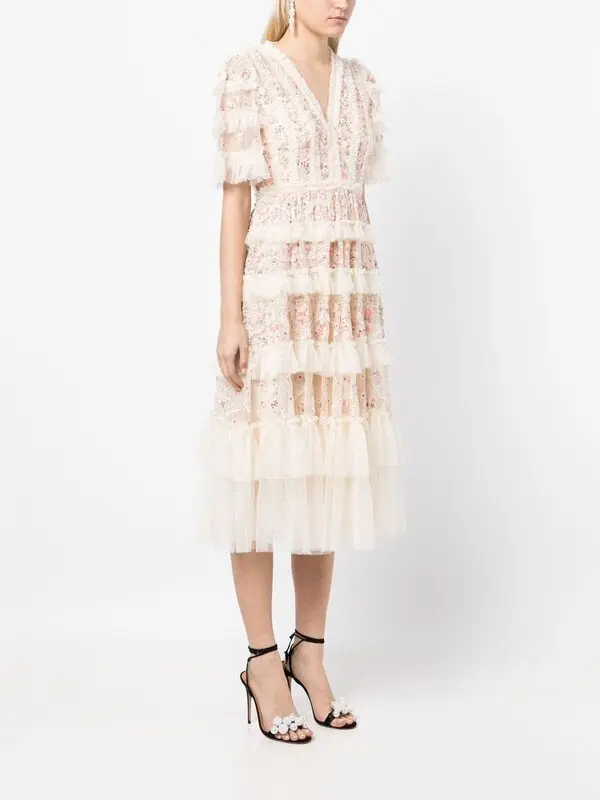 NEEDLE & THREAD Floral-embroidery Tiered Midi Dress