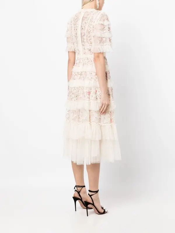 NEEDLE & THREAD Floral-embroidery Tiered Midi Dress