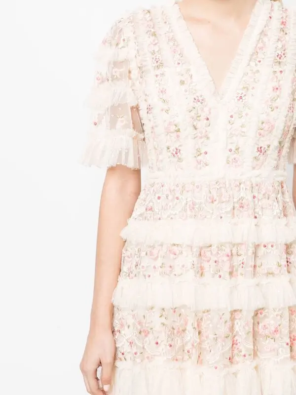 NEEDLE & THREAD Floral-embroidery Tiered Midi Dress