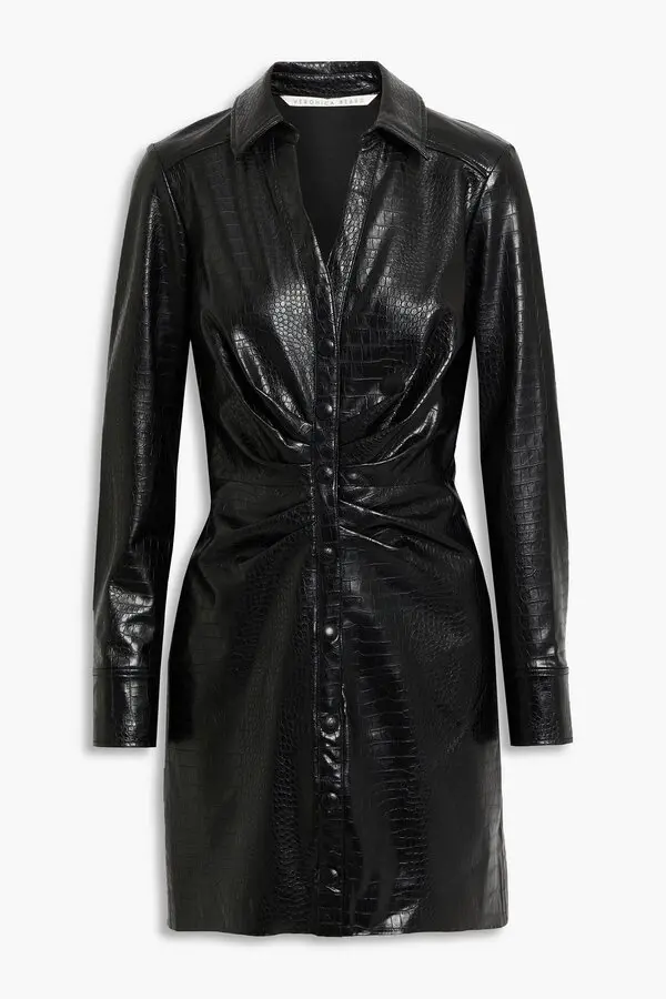Veronica Beard Faux Crocodile-effect Leather Mini Shirt Dress - Black