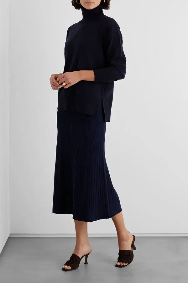 Iris & Ink Millie Mélange Cashmere And Wool-blend Turtleneck Sweater - Navy