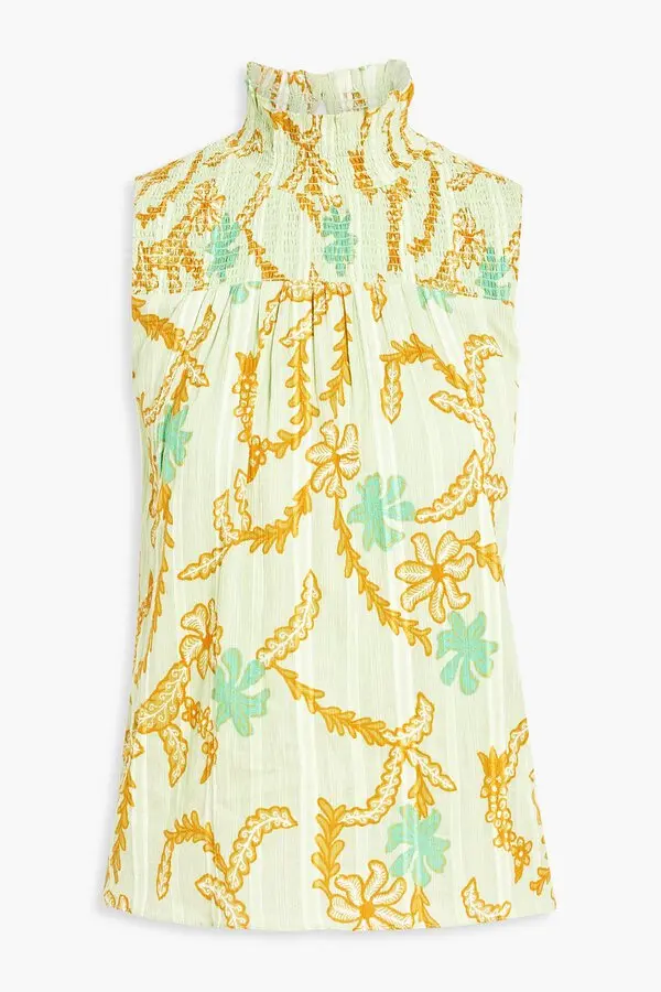 Joie Mika Shirred Printed Cottonjacquard Top - Light Green