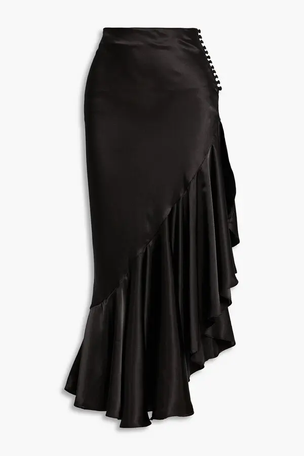 THE LINE BY K Asymmetric Ruffled Satin Midi Skirt - Black