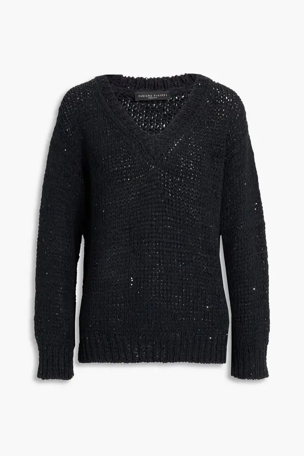 Fabiana Filippi Sequin-embellished Open-knit Cotton-blend Sweater - Black